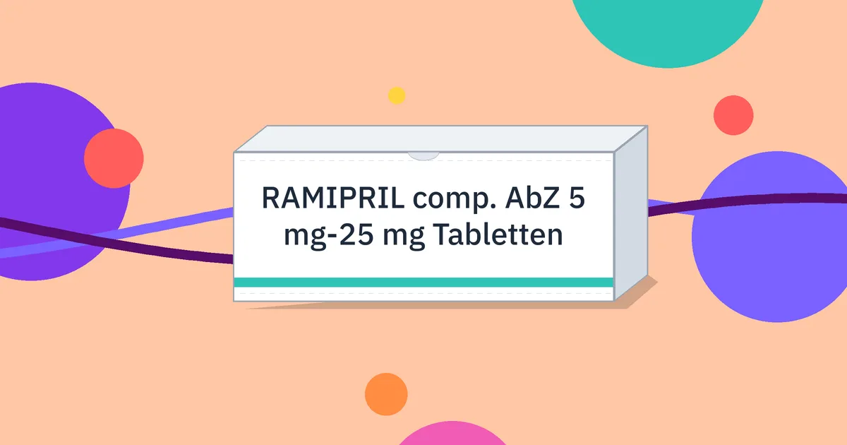 Symbolbild: Packung mit der Aufschrift RAMIPRIL comp. AbZ 5 mg-25 mg Tabletten (PZN 01755717) – Verfügbarkeit und Bezug in Apotheken in Frankfurt am Main