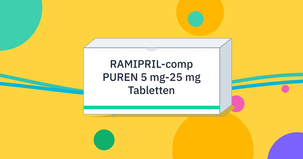 Symbolbild: Packung mit der Aufschrift RAMIPRIL-comp PUREN 5 mg-25 mg Tabletten (PZN 11357969) – Verfügbarkeit und Bezug in Apotheken in Frankfurt am Main