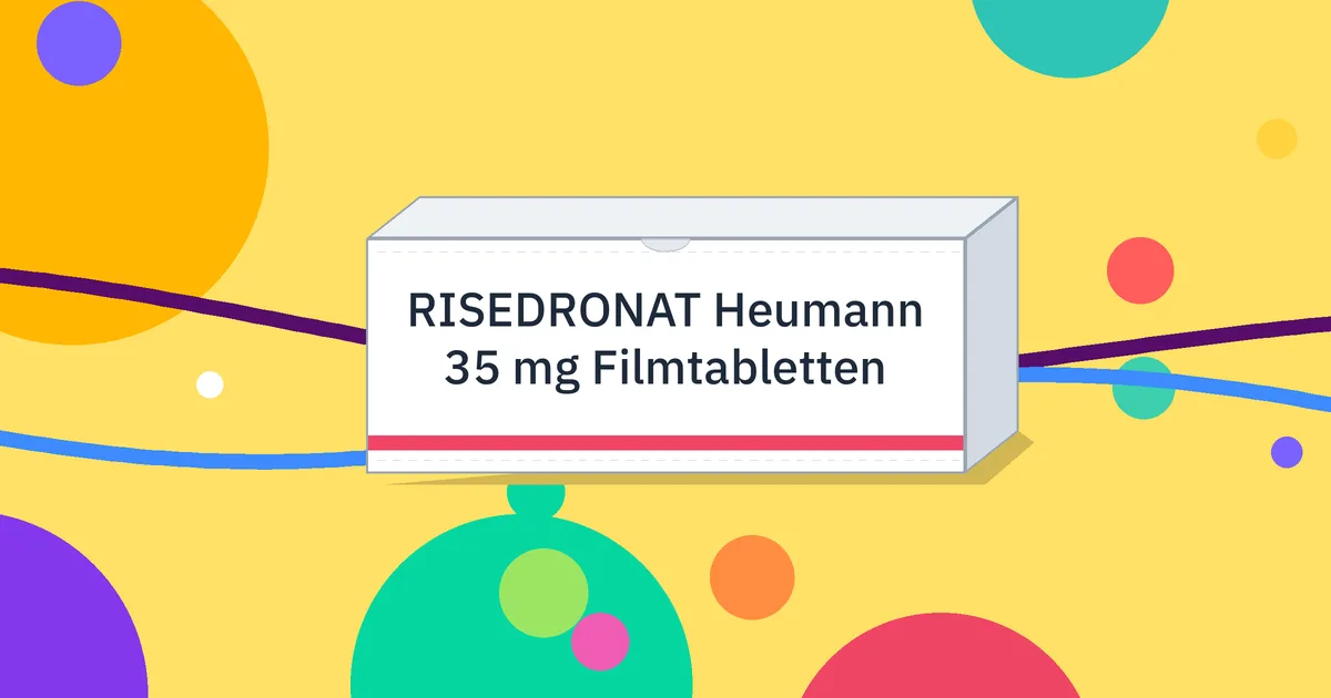 Symbolbild: Packung mit der Aufschrift RISEDRONAT Heumann 35 mg Filmtabletten (PZN 06938902) – Verfügbarkeit und Bezug in Apotheken in Frankfurt am Main