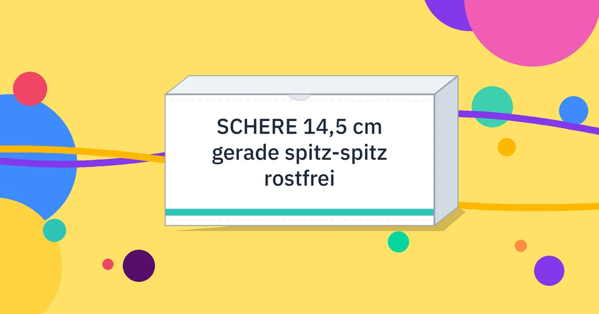 Symbolbild: Packung mit der Aufschrift SCHERE 14,5 cm gerade spitz-spitz rostfrei (PZN 06804975) – Verfügbarkeit und Bezug in Apotheken in Frankfurt am Main