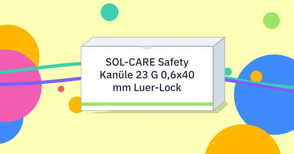 Symbolbild: Packung mit der Aufschrift SOL-CARE Safety Kanüle 23 G 0,6x40 mm Luer-Lock (PZN 20328168) – Verfügbarkeit und Bezug in Apotheken in Frankfurt am Main