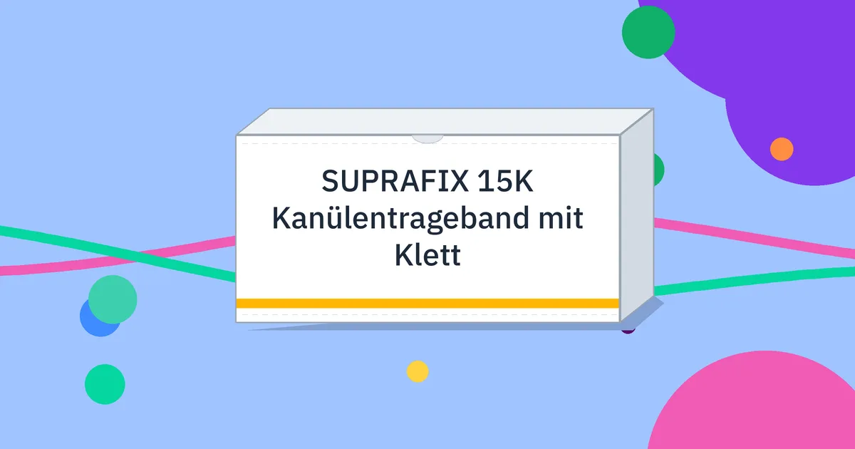 Symbolbild: Packung mit der Aufschrift SUPRAFIX 15K Kanülentrageband mit Klett (PZN 03896385) – Verfügbarkeit und Bezug in Apotheken in Frankfurt am Main