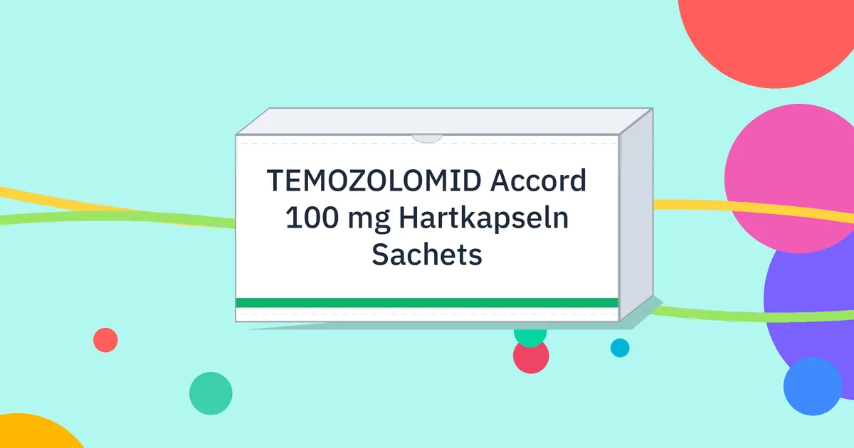 Symbolbild: Packung mit der Aufschrift TEMOZOLOMID Accord 100 mg Hartkapseln Sachets (PZN 17400465) – Verfügbarkeit und Bezug in Apotheken in Frankfurt am Main