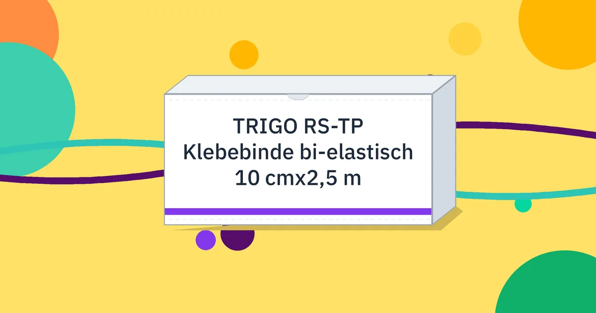 Symbolbild: Packung mit der Aufschrift TRIGO RS-TP Klebebinde bi-elastisch 10 cmx2,5 m (PZN 09944783) – Verfügbarkeit und Bezug in Apotheken in Frankfurt am Main