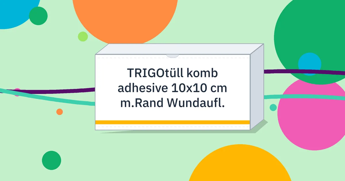 Symbolbild: Packung mit der Aufschrift TRIGOtüll komb adhesive 10x10 cm m.Rand Wundaufl. (PZN 19681014) – Verfügbarkeit und Bezug in Apotheken in Frankfurt am Main