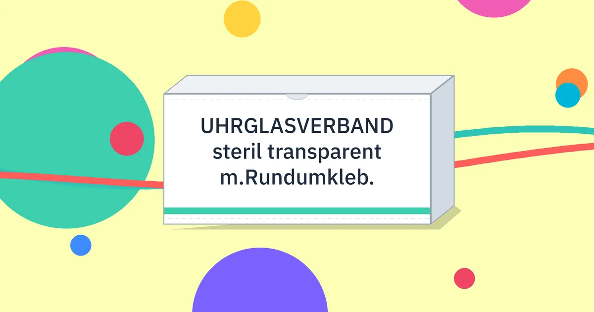 Symbolbild: Packung mit der Aufschrift UHRGLASVERBAND steril transparent m.Rundumkleb. (PZN 10092598) – Verfügbarkeit und Bezug in Apotheken in Frankfurt am Main