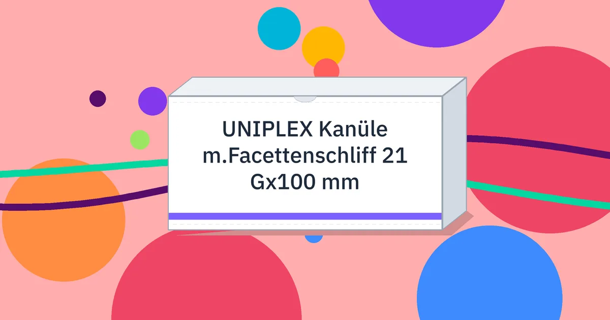 Symbolbild: Packung mit der Aufschrift UNIPLEX Kanüle m.Facettenschliff 21 Gx100 mm (PZN 03944552) – Verfügbarkeit und Bezug in Apotheken in Frankfurt am Main