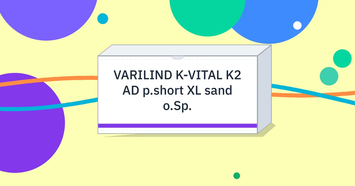 Symbolbild: Packung mit der Aufschrift VARILIND K-VITAL K2 AD p.short XL sand o.Sp. (PZN 20567660) – Verfügbarkeit und Bezug in Apotheken in Frankfurt am Main