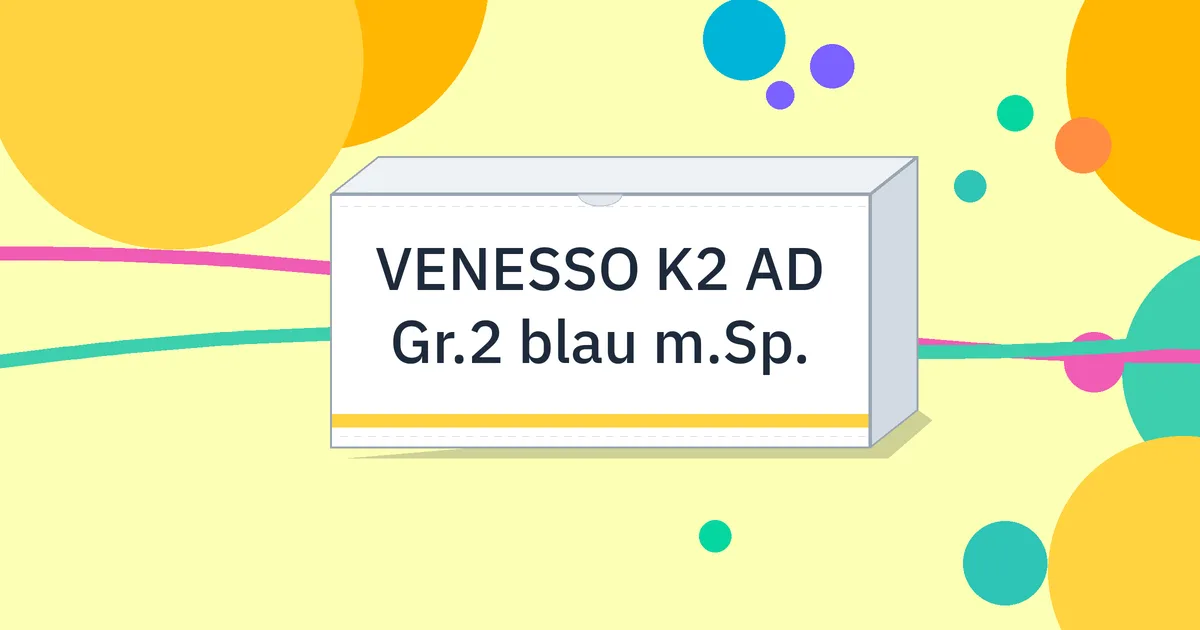 Symbolbild: Packung mit der Aufschrift VENESSO K2 AD Gr.2 blau m.Sp. (PZN 03258845) – Verfügbarkeit und Bezug in Apotheken in Frankfurt am Main