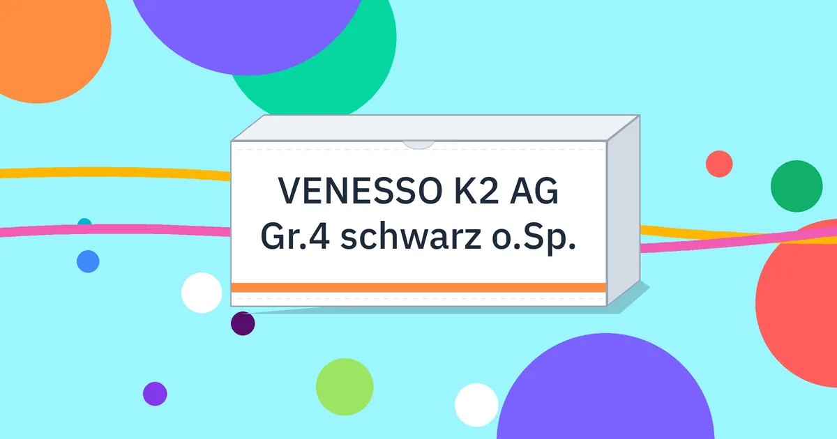 Symbolbild: Packung mit der Aufschrift VENESSO K2 AG Gr.4 schwarz o.Sp. (PZN 03280336) – Verfügbarkeit und Bezug in Apotheken in Frankfurt am Main
