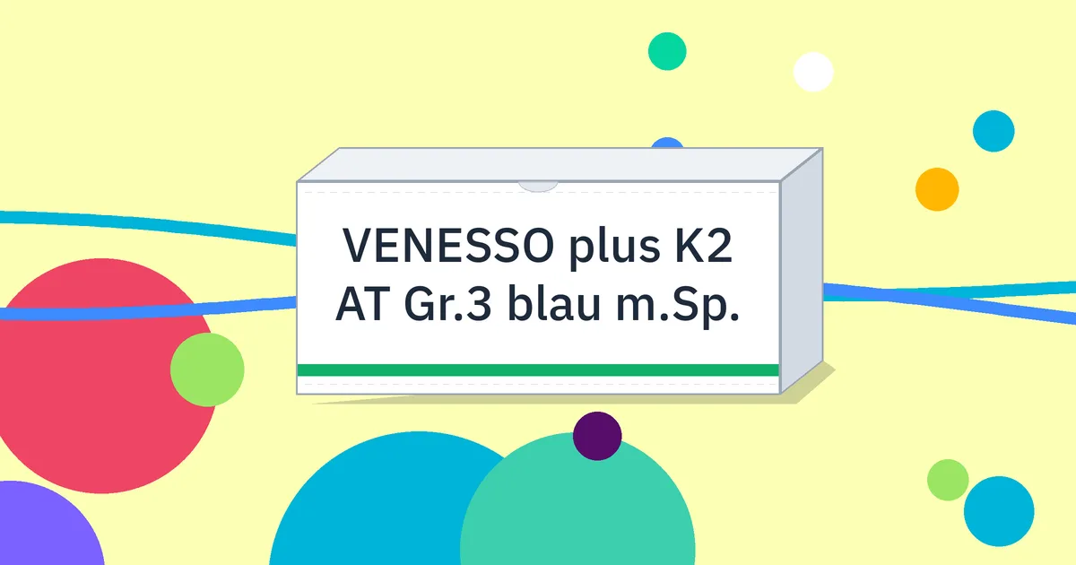 Symbolbild: Packung mit der Aufschrift VENESSO plus K2 AT Gr.3 blau m.Sp. (PZN 03287580) – Verfügbarkeit und Bezug in Apotheken in Frankfurt am Main