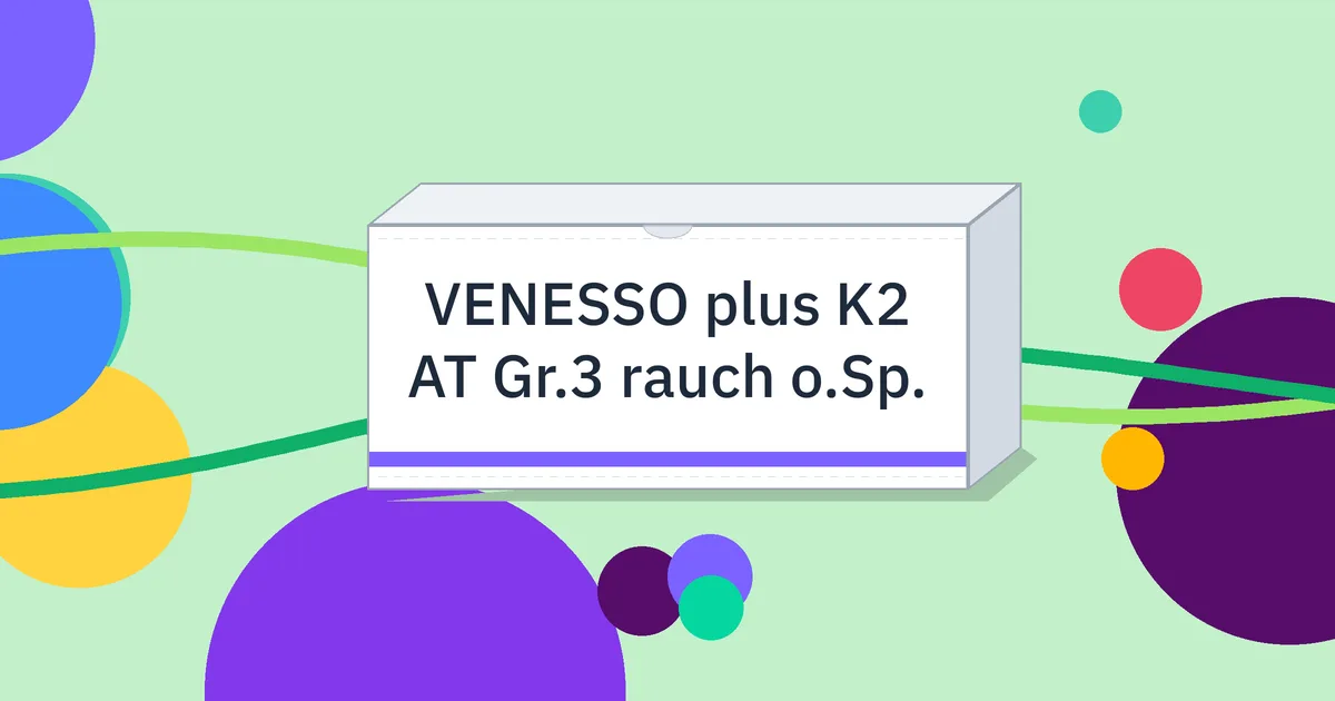 Symbolbild: Packung mit der Aufschrift VENESSO plus K2 AT Gr.3 rauch o.Sp. (PZN 03287893) – Verfügbarkeit und Bezug in Apotheken in Frankfurt am Main