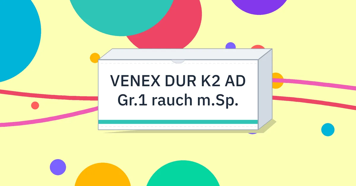 Symbolbild: Packung mit der Aufschrift VENEX DUR K2 AD Gr.1 rauch m.Sp. (PZN 03208563) – Verfügbarkeit und Bezug in Apotheken in Frankfurt am Main