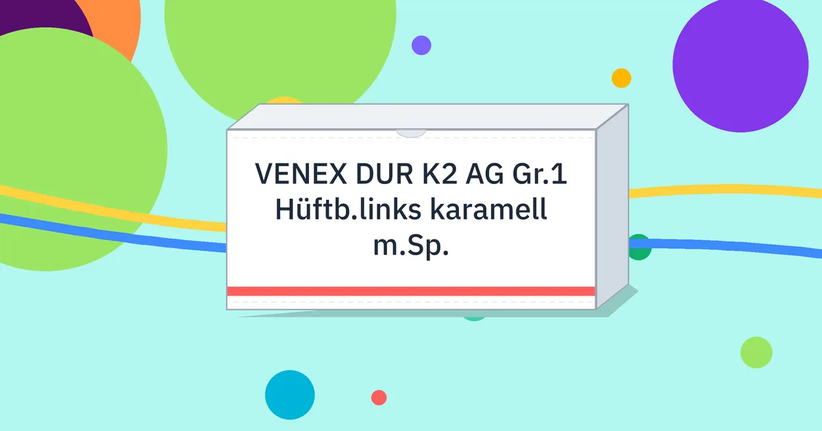 Symbolbild: Packung mit der Aufschrift VENEX DUR K2 AG Gr.1 Hüftb.links karamell m.Sp. (PZN 13761321) – Verfügbarkeit und Bezug in Apotheken in Frankfurt am Main