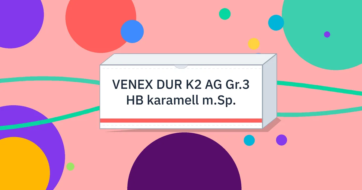 Symbolbild: Packung mit der Aufschrift VENEX DUR K2 AG Gr.3 HB karamell m.Sp. (PZN 13757710) – Verfügbarkeit und Bezug in Apotheken in Frankfurt am Main