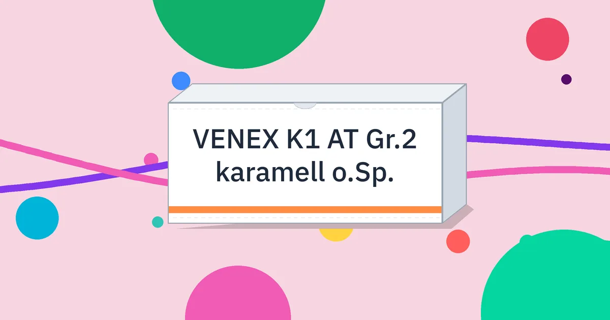Symbolbild: Packung mit der Aufschrift VENEX K1 AT Gr.2 karamell o.Sp. (PZN 13759241) – Verfügbarkeit und Bezug in Apotheken in Frankfurt am Main