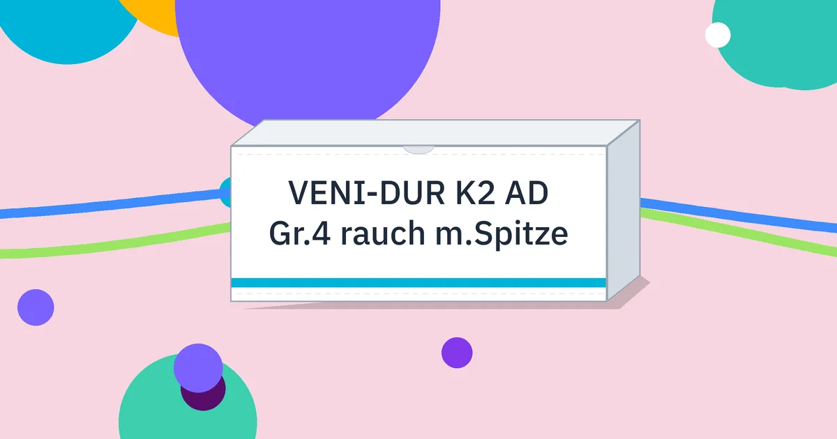 Symbolbild: Packung mit der Aufschrift VENI-DUR K2 AD Gr.4 rauch m.Spitze (PZN 08681206) – Verfügbarkeit und Bezug in Apotheken in Frankfurt am Main