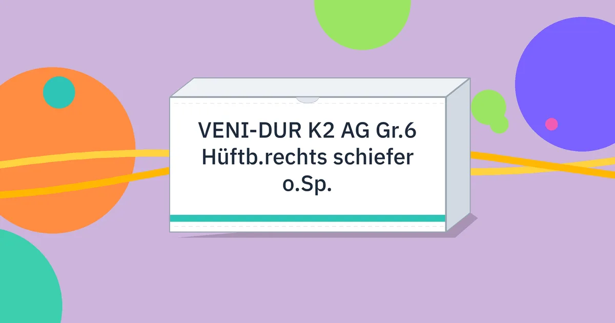 Symbolbild: Packung mit der Aufschrift VENI-DUR K2 AG Gr.6 Hüftb.rechts schiefer o.Sp. (PZN 03254209) – Verfügbarkeit und Bezug in Apotheken in Frankfurt am Main