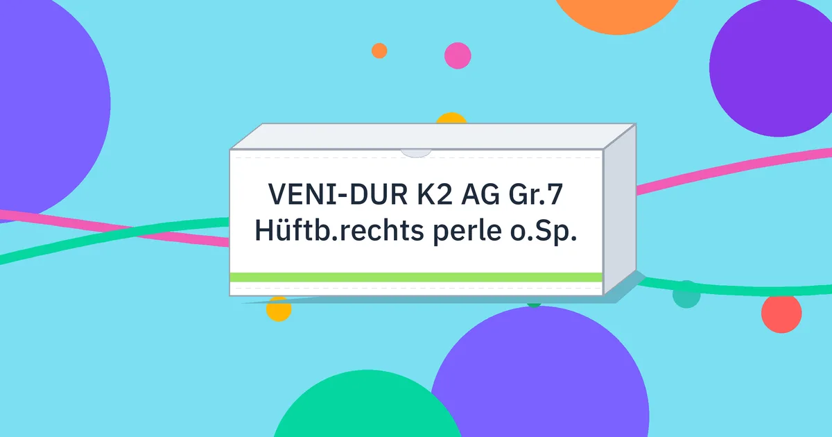 Symbolbild: Packung mit der Aufschrift VENI-DUR K2 AG Gr.7 Hüftb.rechts perle o.Sp. (PZN 03252972) – Verfügbarkeit und Bezug in Apotheken in Frankfurt am Main