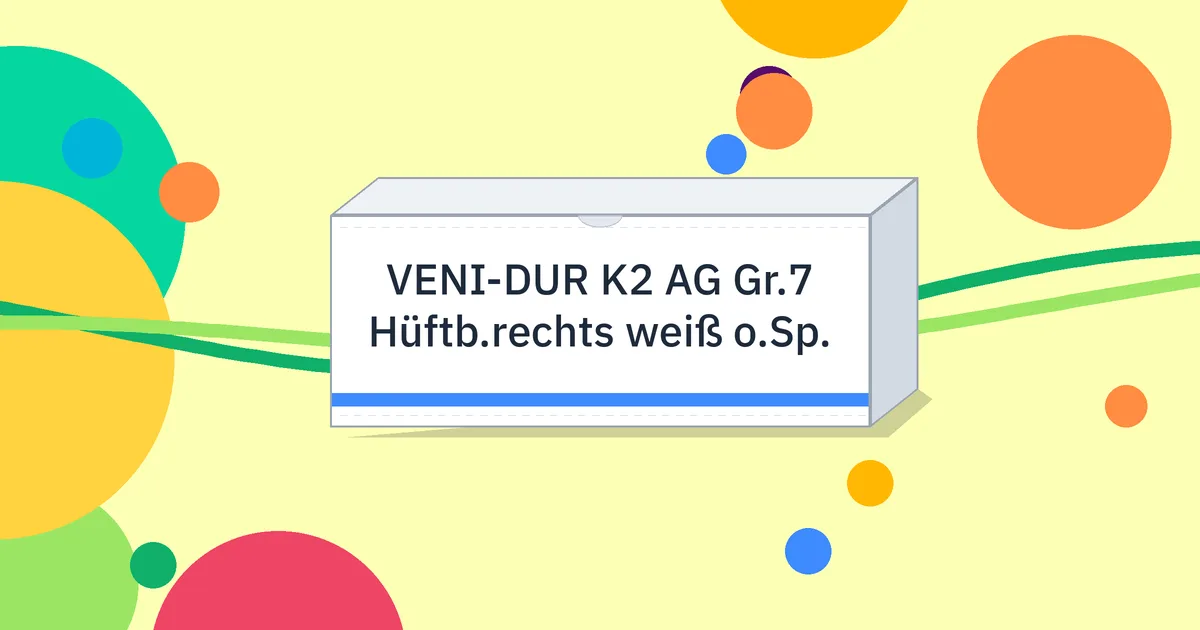 Symbolbild: Packung mit der Aufschrift VENI-DUR K2 AG Gr.7 Hüftb.rechts weiß o.Sp. (PZN 03254706) – Verfügbarkeit und Bezug in Apotheken in Frankfurt am Main