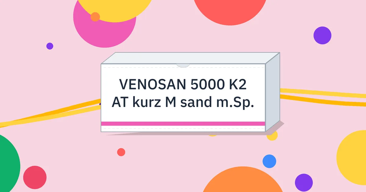 Symbolbild: Packung mit der Aufschrift VENOSAN 5000 K2 AT kurz M sand m.Sp. (PZN 14428724) – Verfügbarkeit und Bezug in Apotheken in Frankfurt am Main