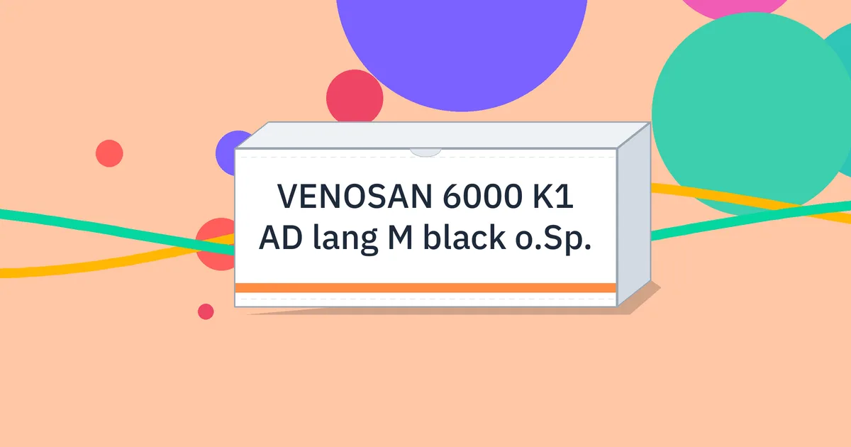 Symbolbild: Packung mit der Aufschrift VENOSAN 6000 K1 AD lang M black o.Sp. (PZN 17171208) – Verfügbarkeit und Bezug in Apotheken in Frankfurt am Main