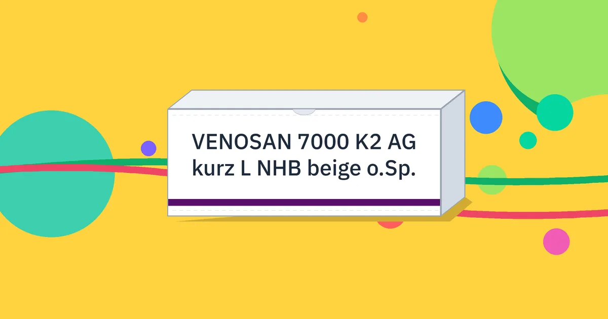 Symbolbild: Packung mit der Aufschrift VENOSAN 7000 K2 AG kurz L NHB beige o.Sp. (PZN 14434831) – Verfügbarkeit und Bezug in Apotheken in Frankfurt am Main