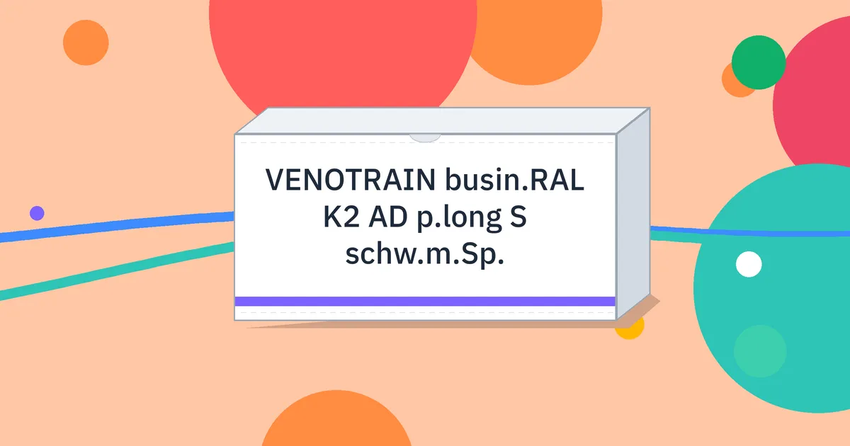 Symbolbild: Packung mit der Aufschrift VENOTRAIN busin.RAL K2 AD p.long S schw.m.Sp. (PZN 06949633) – Verfügbarkeit und Bezug in Apotheken in Frankfurt am Main