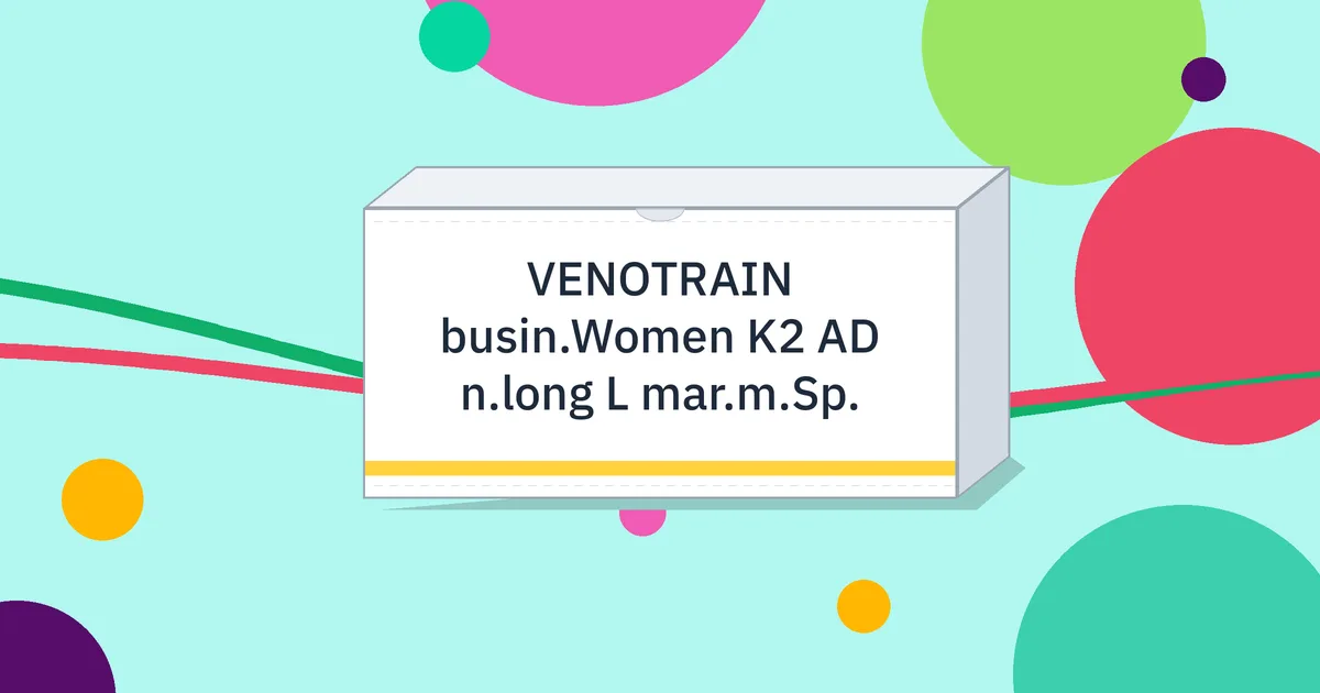 Symbolbild: Packung mit der Aufschrift VENOTRAIN busin.Women K2 AD n.long L mar.m.Sp. (PZN 10195944) – Verfügbarkeit und Bezug in Apotheken in Frankfurt am Main