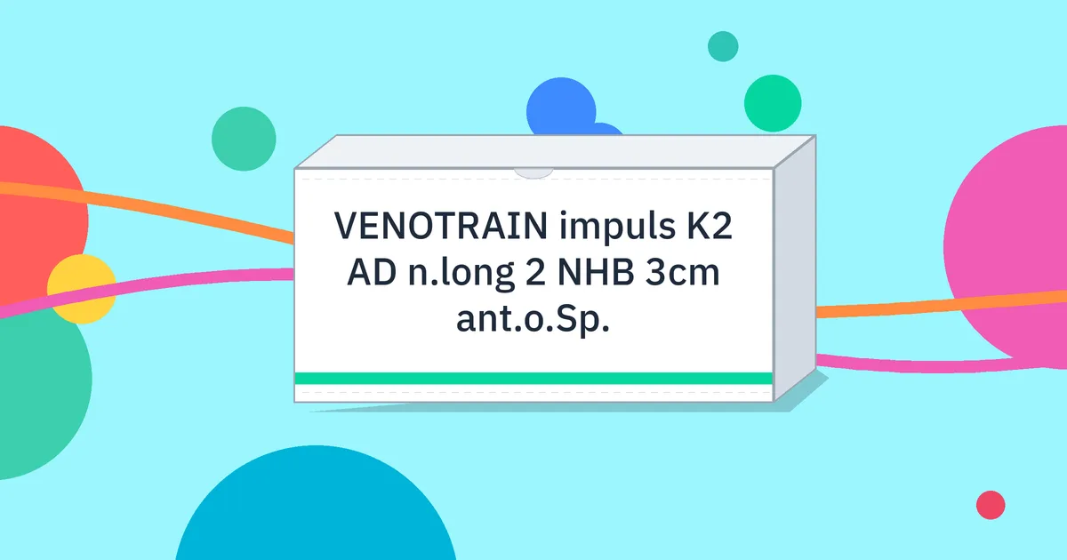 Symbolbild: Packung mit der Aufschrift VENOTRAIN impuls K2 AD n.long 2 NHB 3cm ant.o.Sp. (PZN 15224389) – Verfügbarkeit und Bezug in Apotheken in Frankfurt am Main