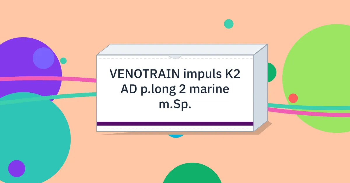 Symbolbild: Packung mit der Aufschrift VENOTRAIN impuls K2 AD p.long 2 marine m.Sp. (PZN 15221267) – Verfügbarkeit und Bezug in Apotheken in Frankfurt am Main