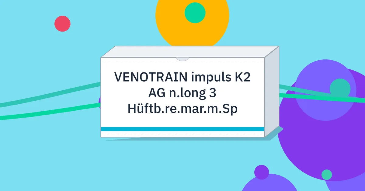 Symbolbild: Packung mit der Aufschrift VENOTRAIN impuls K2 AG n.long 3 Hüftb.re.mar.m.Sp (PZN 15216450) – Verfügbarkeit und Bezug in Apotheken in Frankfurt am Main