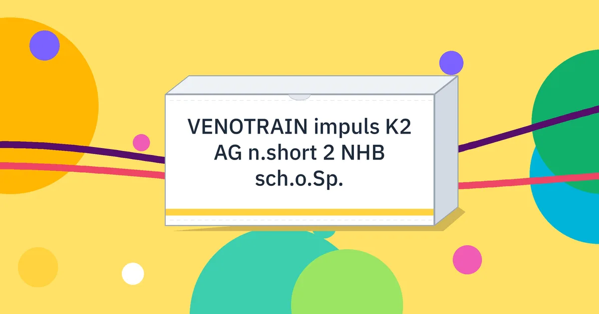 Symbolbild: Packung mit der Aufschrift VENOTRAIN impuls K2 AG n.short 2 NHB sch.o.Sp. (PZN 00518122) – Verfügbarkeit und Bezug in Apotheken in Frankfurt am Main