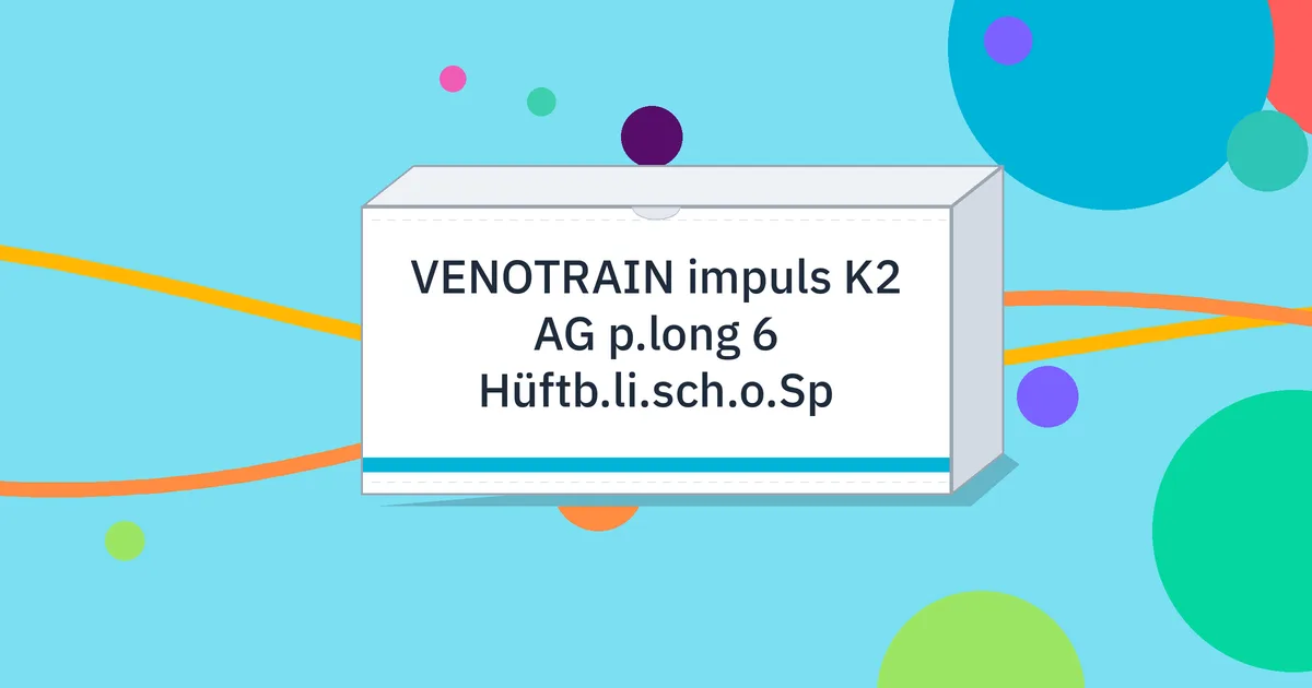 Symbolbild: Packung mit der Aufschrift VENOTRAIN impuls K2 AG p.long 6 Hüftb.li.sch.o.Sp (PZN 10295249) – Verfügbarkeit und Bezug in Apotheken in Frankfurt am Main