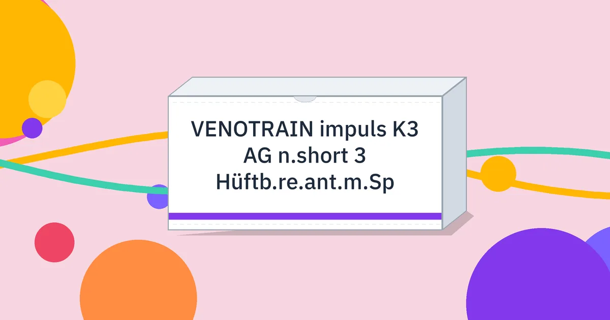 Symbolbild: Packung mit der Aufschrift VENOTRAIN impuls K3 AG n.short 3 Hüftb.re.ant.m.Sp (PZN 15218147) – Verfügbarkeit und Bezug in Apotheken in Frankfurt am Main