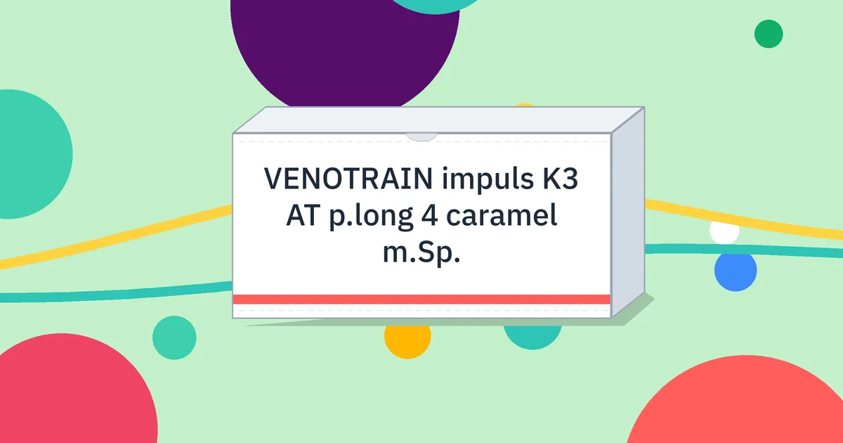 Symbolbild: Packung mit der Aufschrift VENOTRAIN impuls K3 AT p.long 4 caramel m.Sp. (PZN 19355102) – Verfügbarkeit und Bezug in Apotheken in Frankfurt am Main