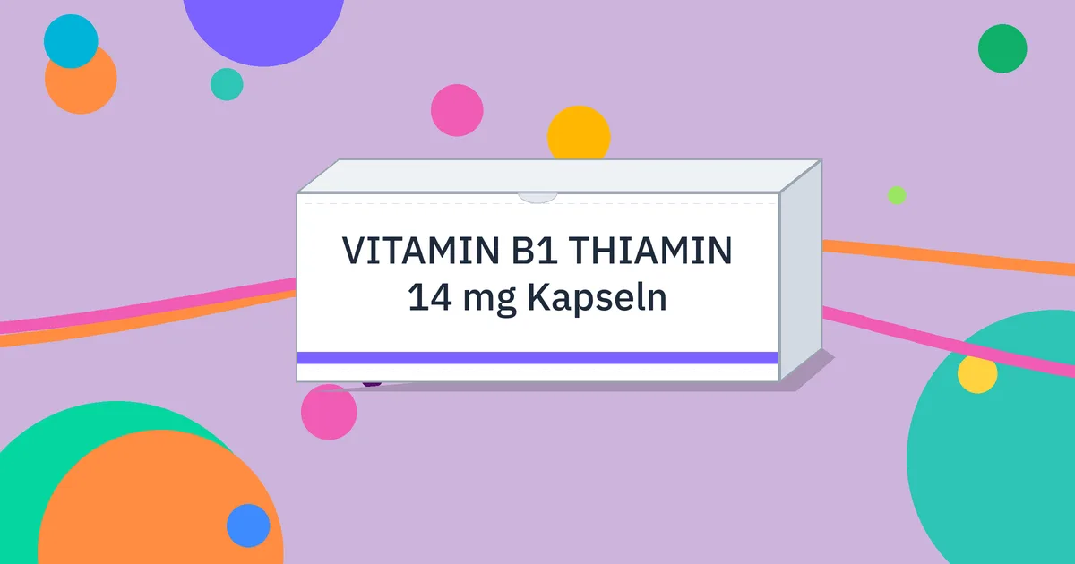 Symbolbild: Packung mit der Aufschrift VITAMIN B1 THIAMIN 14 mg Kapseln (PZN 17191381) – Verfügbarkeit und Bezug in Apotheken in Frankfurt am Main