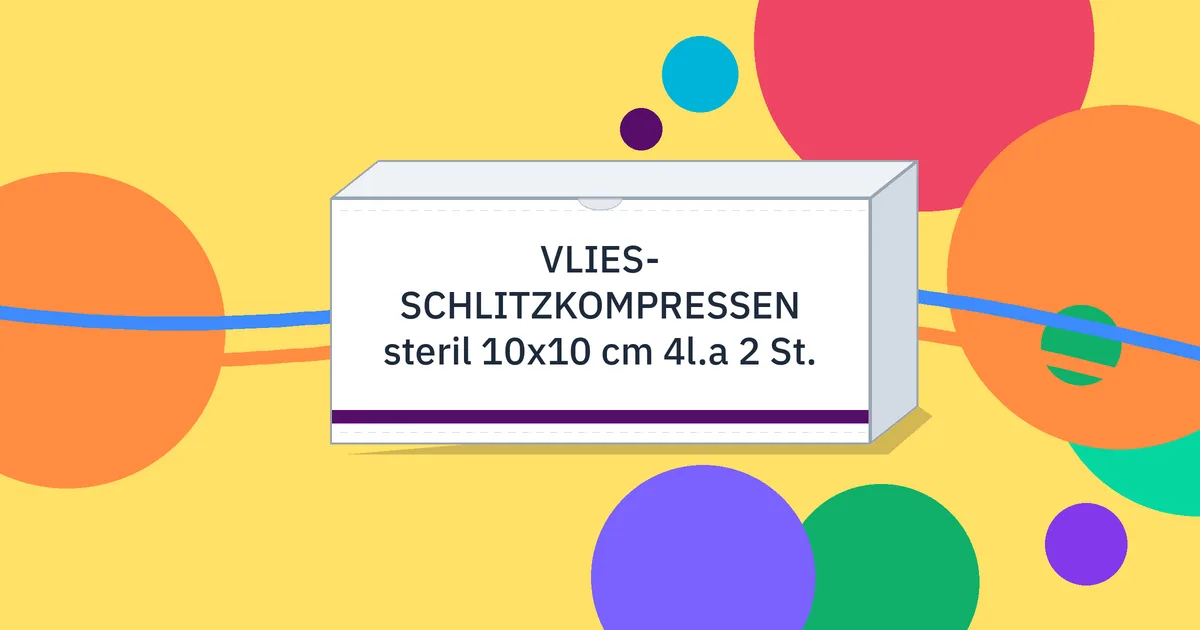 Symbolbild: Packung mit der Aufschrift VLIES-SCHLITZKOMPRESSEN steril 10x10 cm 4l.a 2 St. (PZN 10352378) – Verfügbarkeit und Bezug in Apotheken in Frankfurt am Main