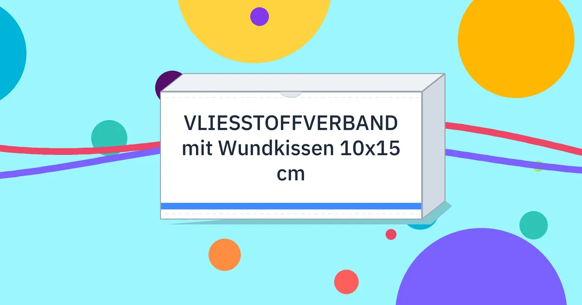 Symbolbild: Packung mit der Aufschrift VLIESSTOFFVERBAND mit Wundkissen 10x15 cm (PZN 18260055) – Verfügbarkeit und Bezug in Apotheken in Frankfurt am Main