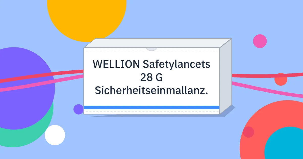 Symbolbild: Packung mit der Aufschrift WELLION Safetylancets 28 G Sicherheitseinmallanz. (PZN 13928554) – Verfügbarkeit und Bezug in Apotheken in Frankfurt am Main
