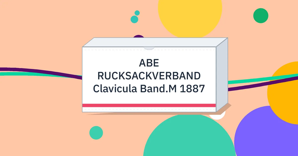 Symbolbild: Packung mit der Aufschrift ABE RUCKSACKVERBAND Clavicula Band.M 1887 (PZN 01363472) – Verfügbarkeit und Bezug in Apotheken in Frankfurt am Main