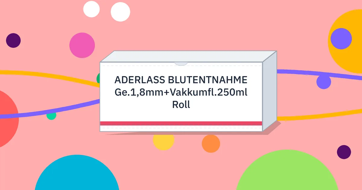 Symbolbild: Packung mit der Aufschrift ADERLASS BLUTENTNAHME Ge.1,8mm+Vakkumfl.250ml Roll (PZN 15739610) – Verfügbarkeit und Bezug in Apotheken in Frankfurt am Main