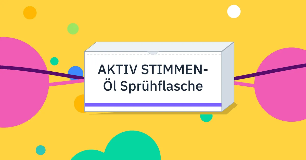 Symbolbild: Packung mit der Aufschrift AKTIV STIMMEN-Öl Sprühflasche (PZN 09289189) – Verfügbarkeit und Bezug in Apotheken in Frankfurt am Main