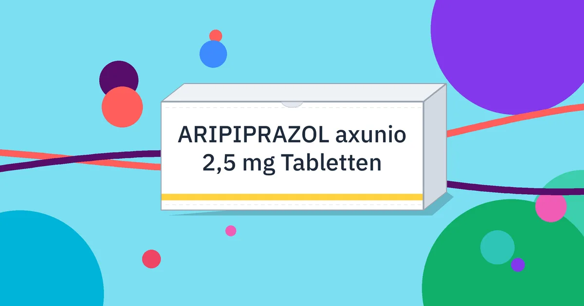 Symbolbild: Packung mit der Aufschrift ARIPIPRAZOL axunio 2,5 mg Tabletten (PZN 20375624) – Verfügbarkeit und Bezug in Apotheken in Frankfurt am Main