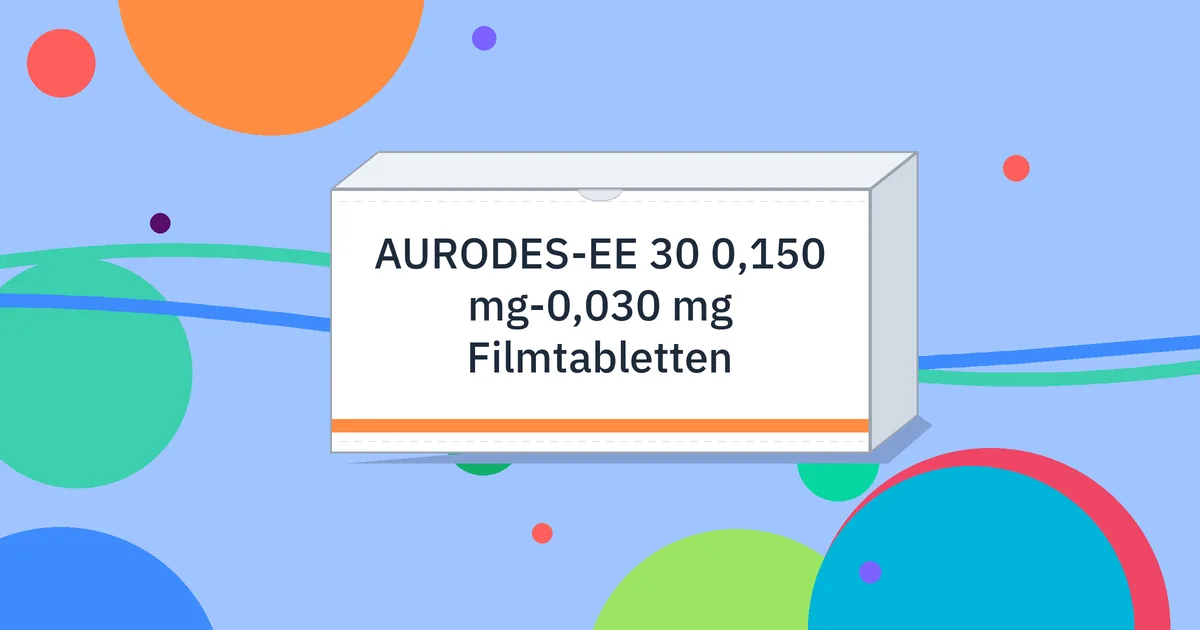 Symbolbild: Packung mit der Aufschrift AURODES-EE 30 0,150 mg-0,030 mg Filmtabletten (PZN 10272828) – Verfügbarkeit und Bezug in Apotheken in Frankfurt am Main
