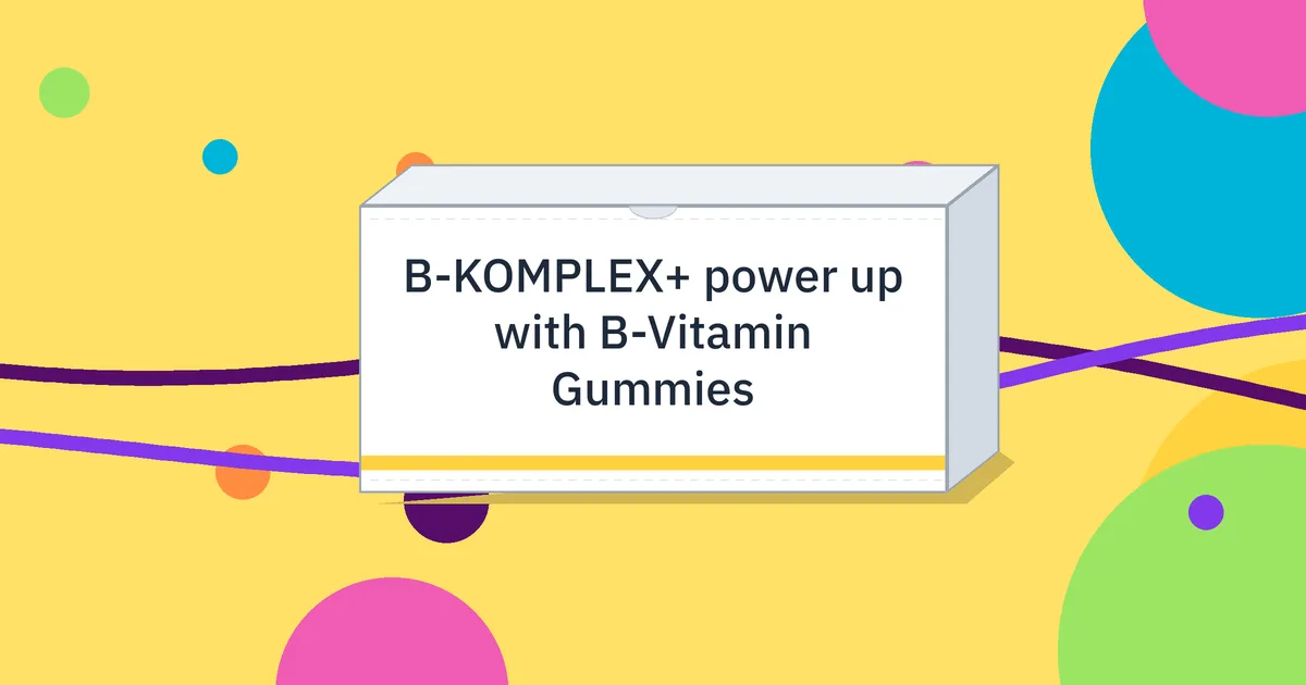 Symbolbild: Packung mit der Aufschrift B-KOMPLEX+ power up with B-Vitamin Gummies (PZN 19198068) – Verfügbarkeit und Bezug in Apotheken in Frankfurt am Main