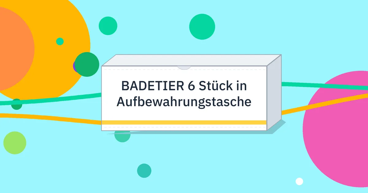 Symbolbild: Packung mit der Aufschrift BADETIER 6 Stück in Aufbewahrungstasche (PZN 11529318) – Verfügbarkeit und Bezug in Apotheken in Frankfurt am Main