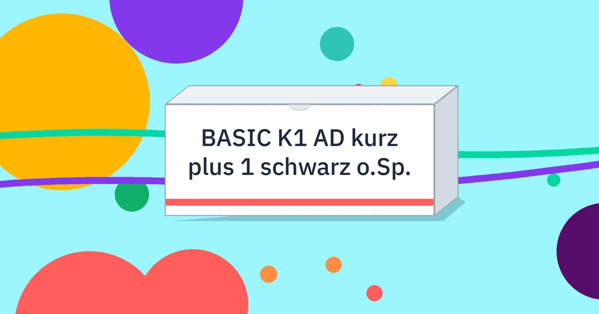 Symbolbild: Packung mit der Aufschrift BASIC K1 AD kurz plus 1 schwarz o.Sp. (PZN 20256919) – Verfügbarkeit und Bezug in Apotheken in Frankfurt am Main