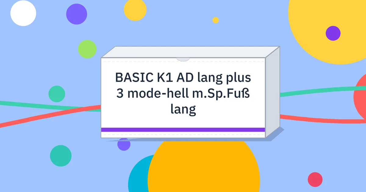 Symbolbild: Packung mit der Aufschrift BASIC K1 AD lang plus 3 mode-hell m.Sp.Fuß lang (PZN 20257959) – Verfügbarkeit und Bezug in Apotheken in Frankfurt am Main