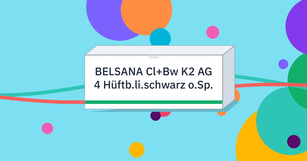 Symbolbild: Packung mit der Aufschrift BELSANA Cl+Bw K2 AG 4 Hüftb.li.schwarz o.Sp. (PZN 12254680) – Verfügbarkeit und Bezug in Apotheken in Frankfurt am Main